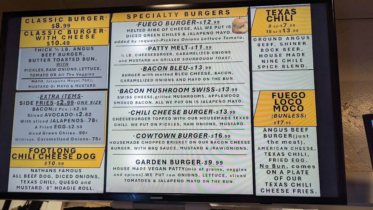 Menu at Fuego Burger restaurant, Fort Worth, Benbrook Blvd #108