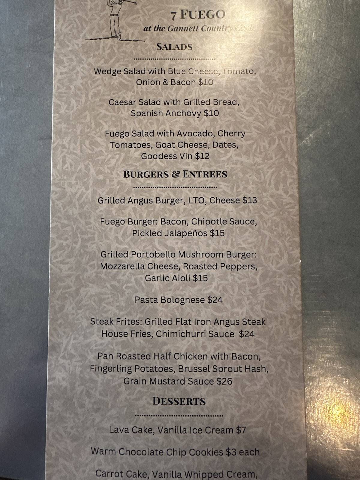 Menu at Fuego @ the GCC pub & bar, Bellevue