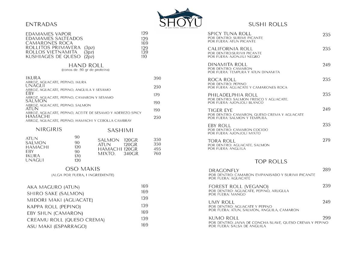 Menu at SHOYU restaurant, Playa del Carmen, C. Flamingos