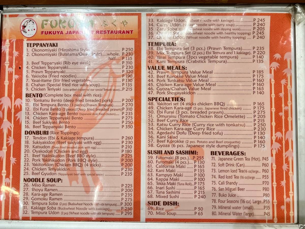 Menu at Fukuya Japanese Restaurant, Muntinlupa