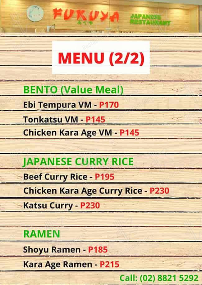 Menu at Fukuya Japanese Restaurant, Muntinlupa
