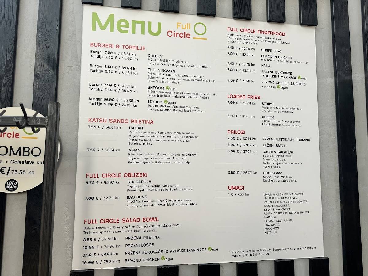 Menu at Full Circle restaurant, Zagreb