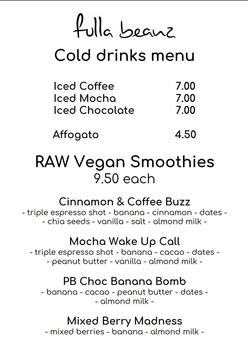 Menu at Fulla Beanz cafe, Christchurch, 79 Cashel St