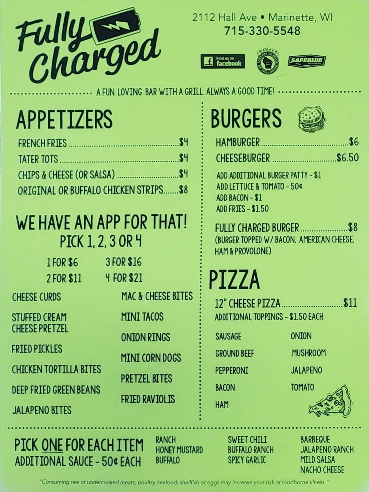 Menu at Fully Charged pub & bar, Marinette