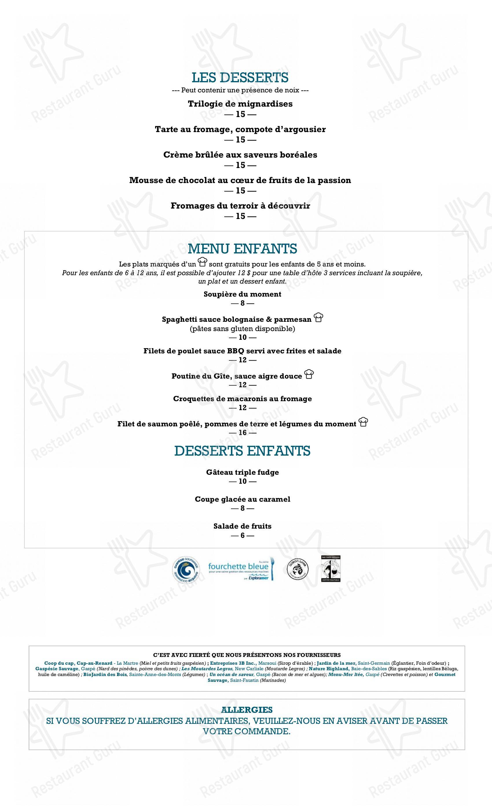 Menu au Gîte du Mont-Albert pub et bar, Sainte-Anne-des-Monts--Tourelle ...