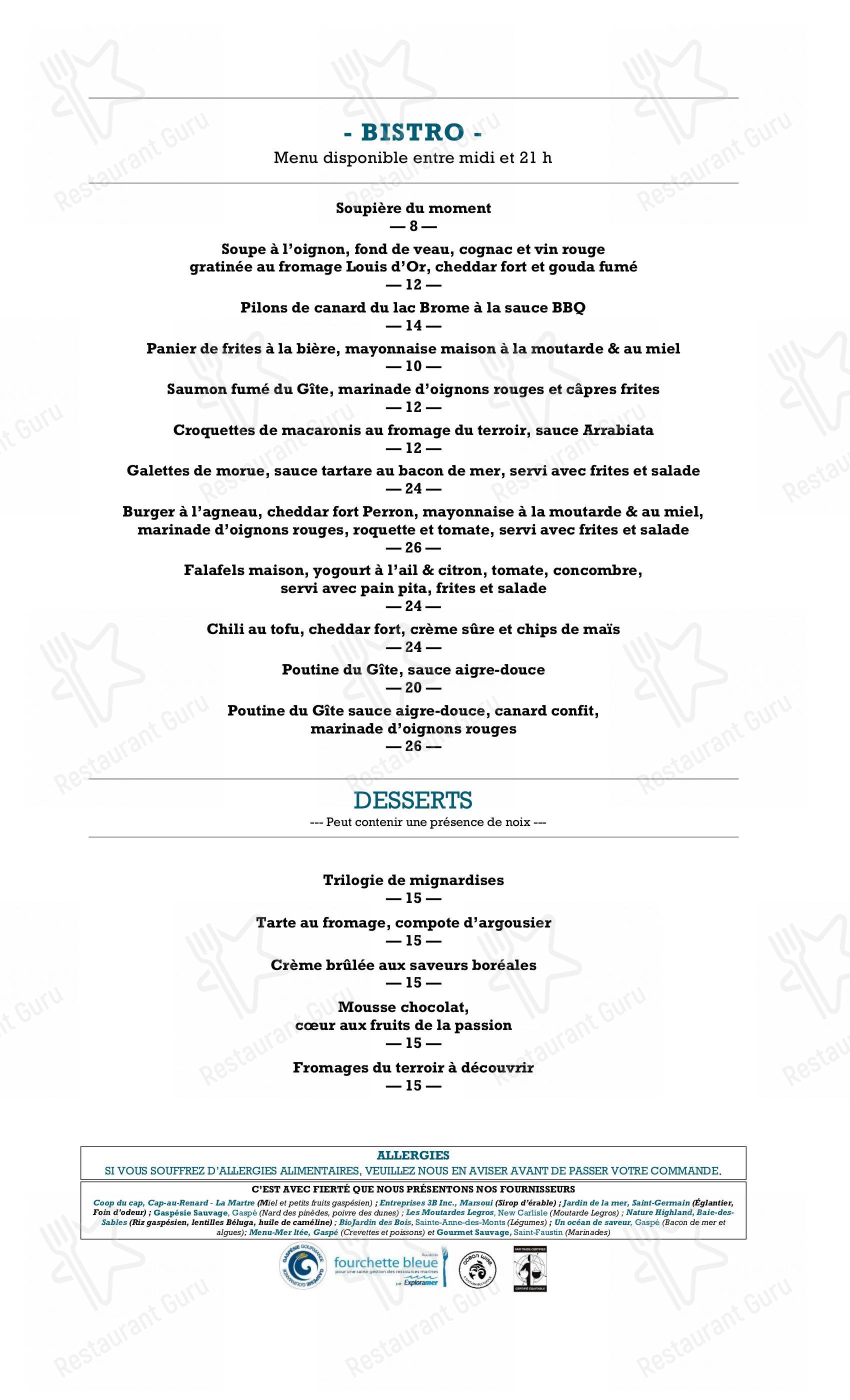 Menu au Gîte du Mont-Albert pub et bar, Sainte-Anne-des-Monts--Tourelle ...