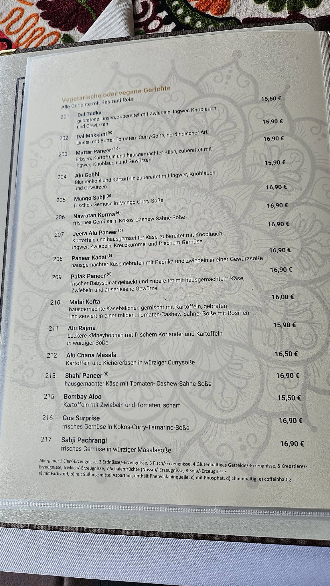Menu at GOA Wangen restaurant, Wangen im Allgäu