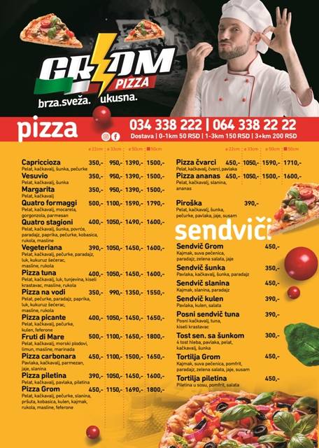 Menu at GROM PIZA restaurant, Kragujevac