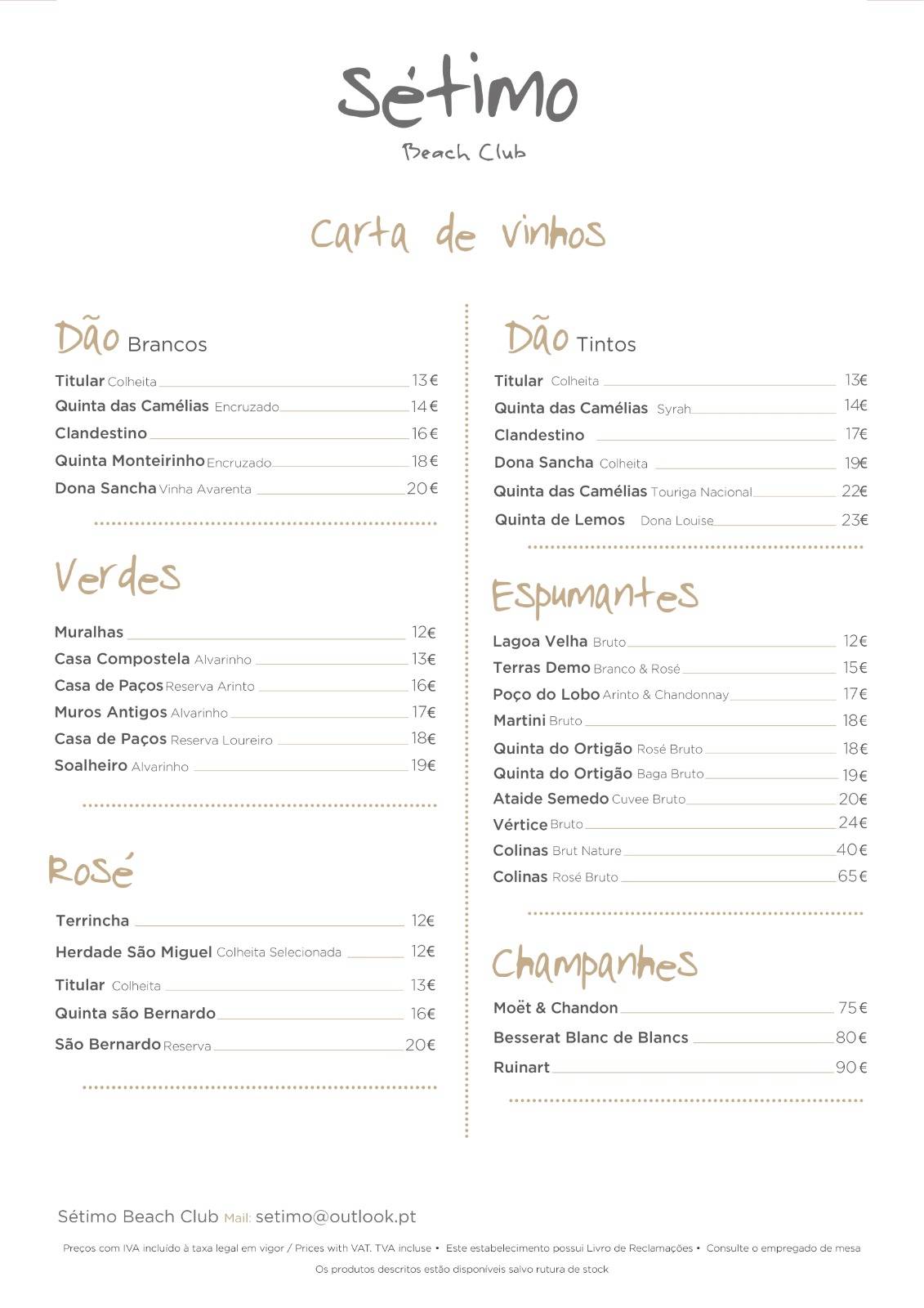 Menu em Restaurante Sétimo Beach Club, Gafanha da Nazaré