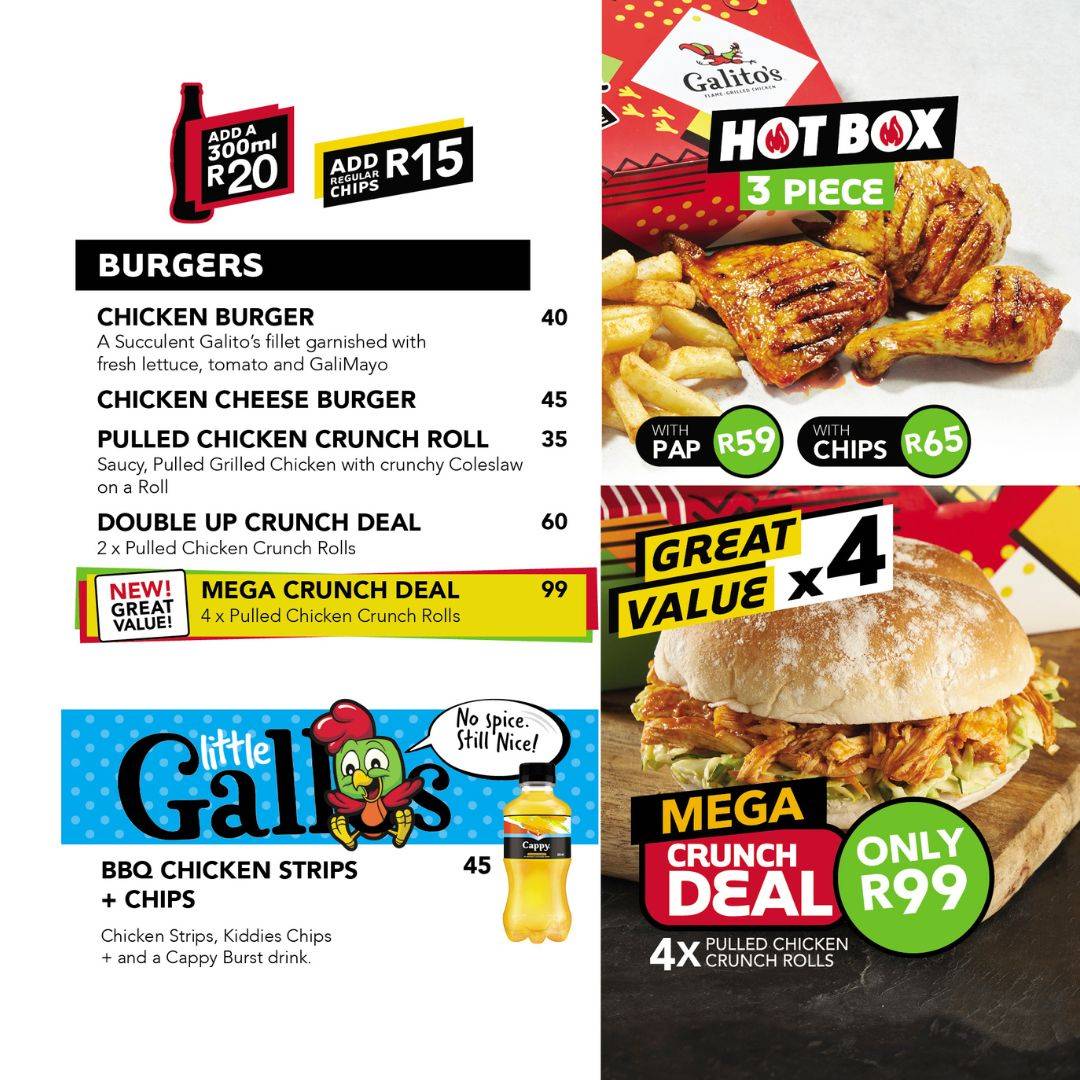 Menu at Galito's restaurant, Moruleng