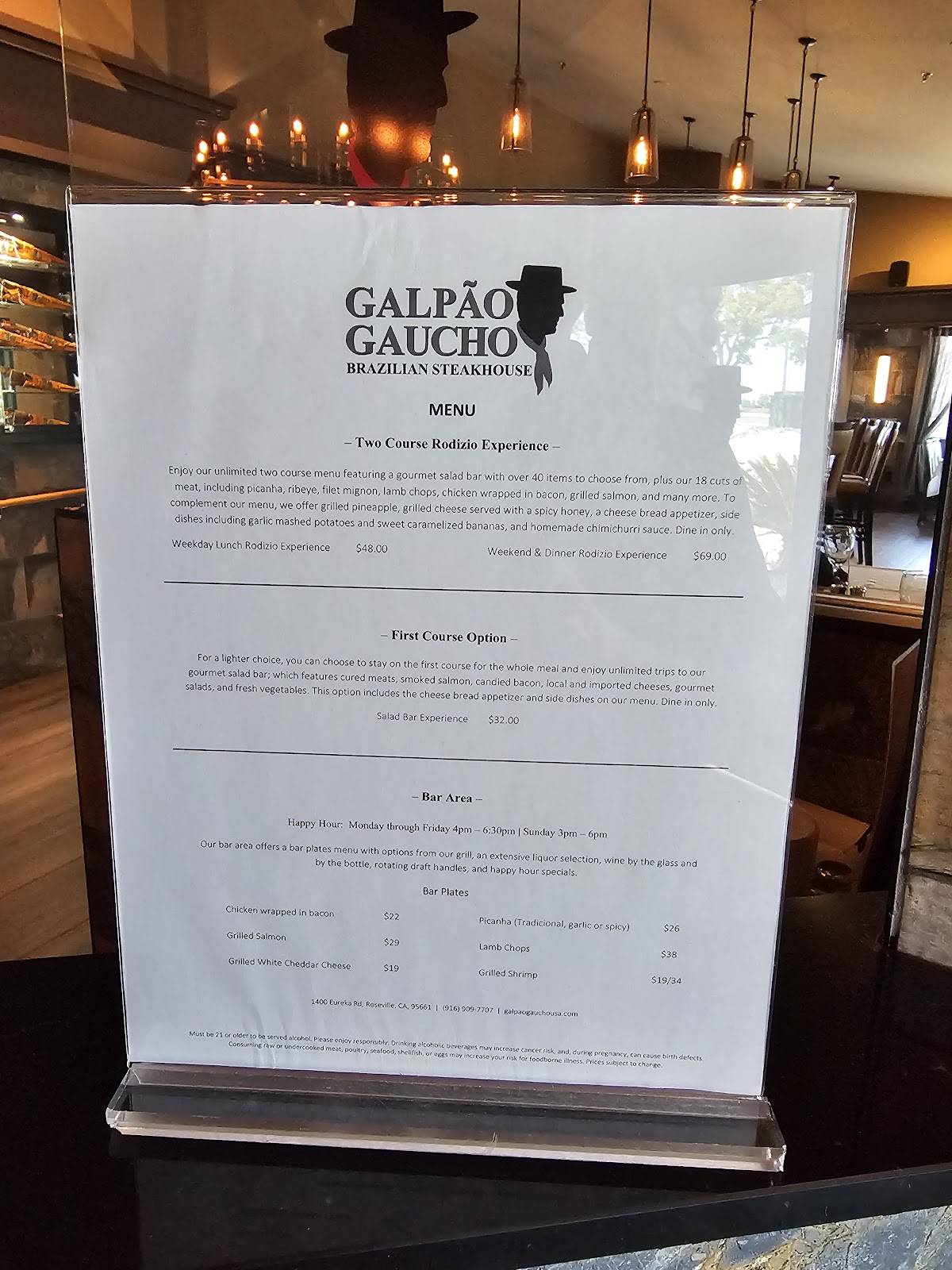 Menu at Galpão Gaucho Brazilian Steakhouse, Roseville