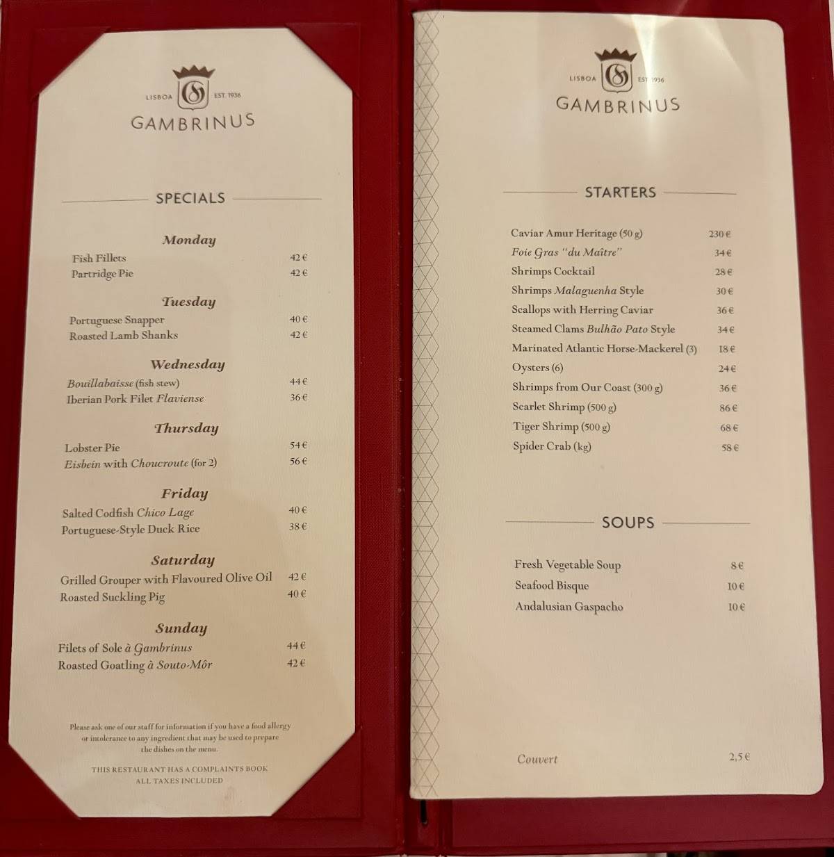 Menu em Restaurante Gambrinus, Lisboa