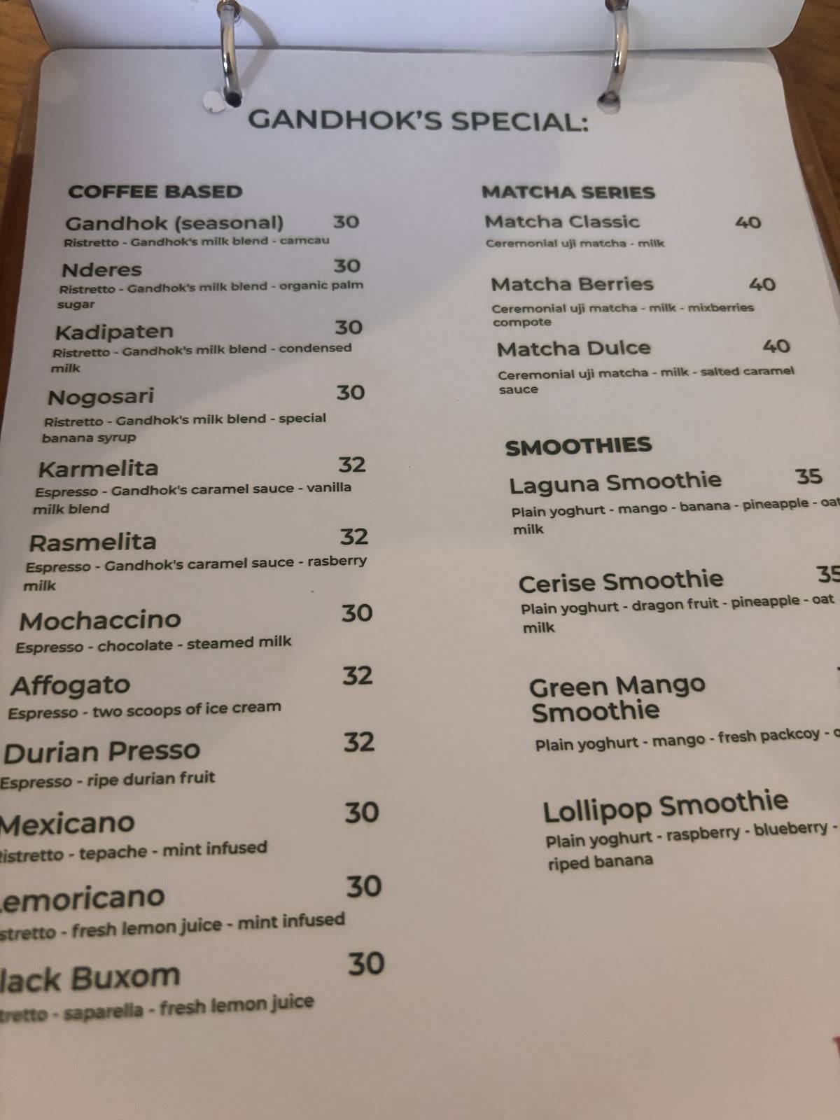 Menu at Gandhok Coffee Kadipaten cafe, Yogyakarta