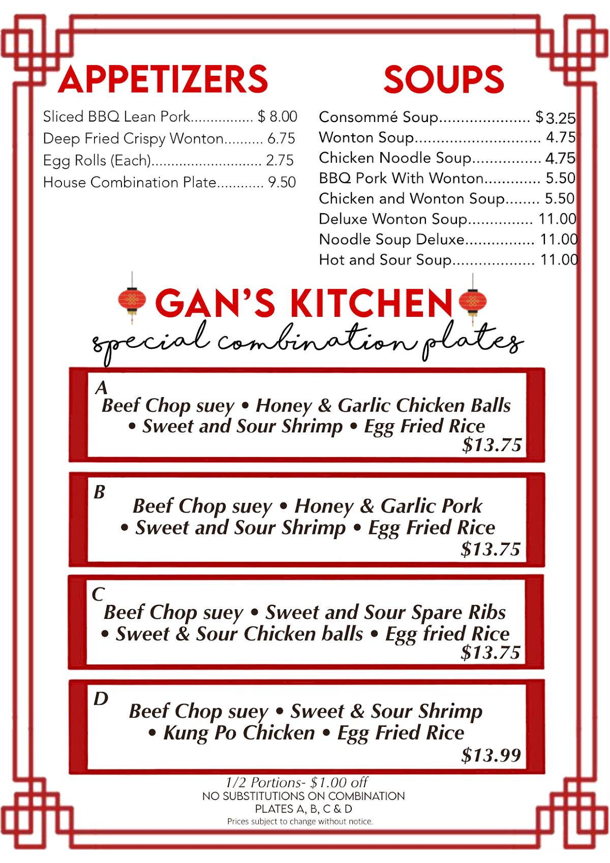 Menu at Gan's Kitchen restaurant, Niverville