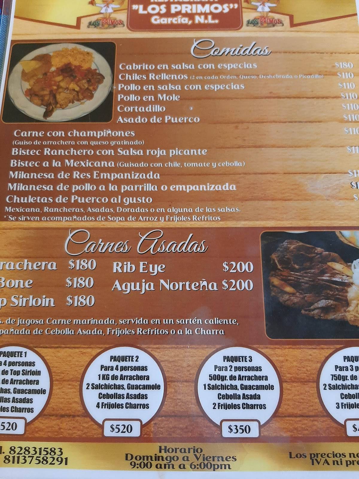 Menu at Los Primos restaurant, García