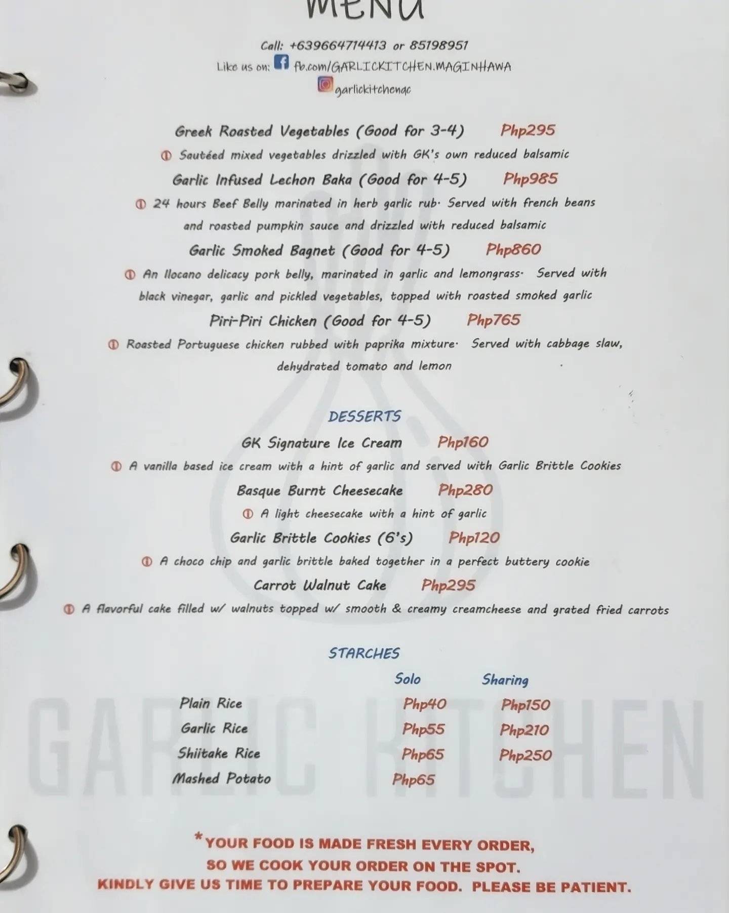 Menu at Garlic Kitchen restaurant, Quezon City