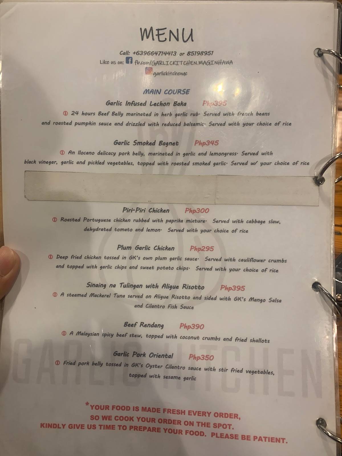 Menu at Garlic Kitchen restaurant, Quezon City