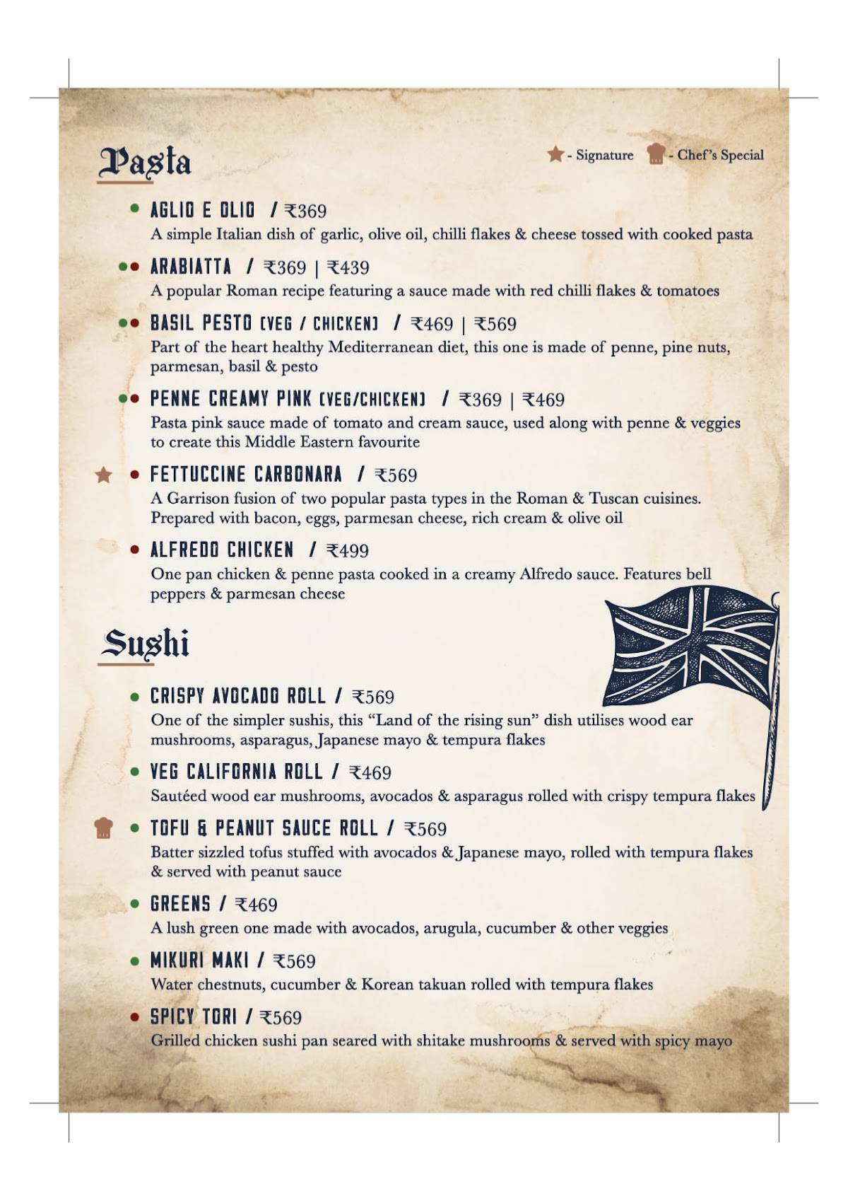 Menu at Garrison, Chennai