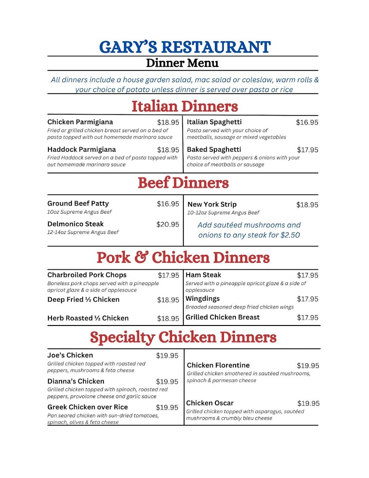 Menu at Gary's Restaurant, Sylvan Beach