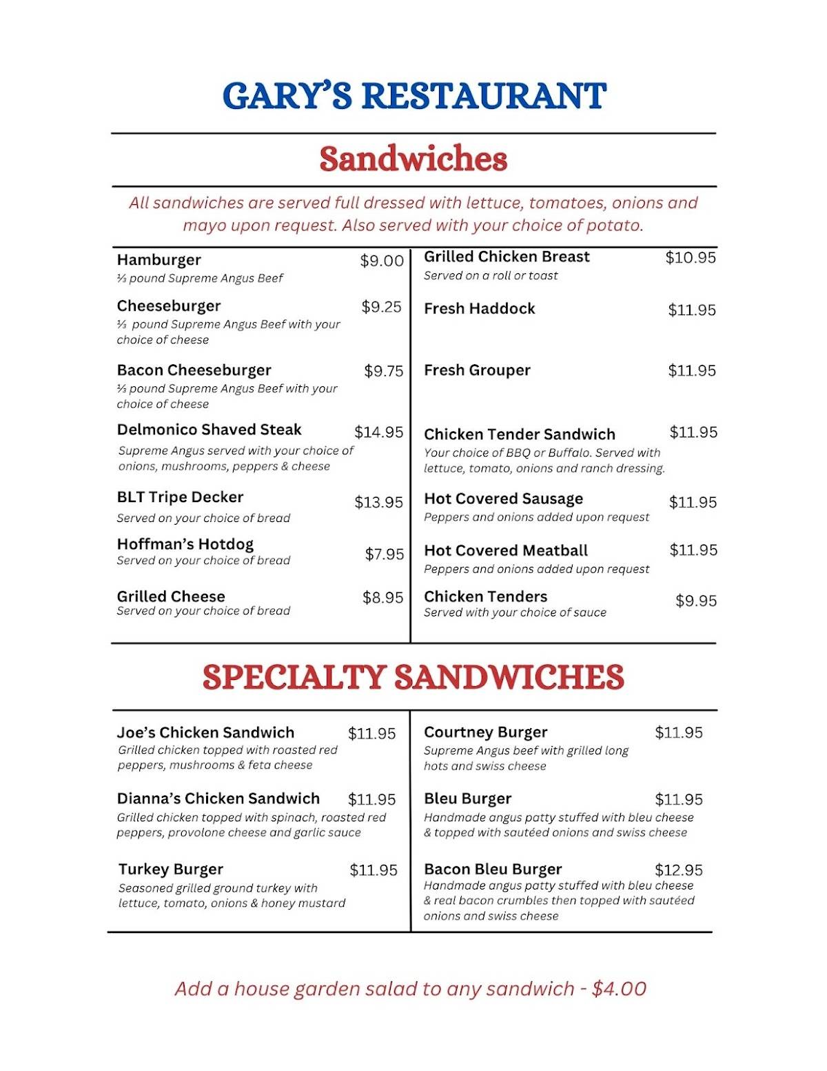 Menu at Gary's Restaurant, Sylvan Beach