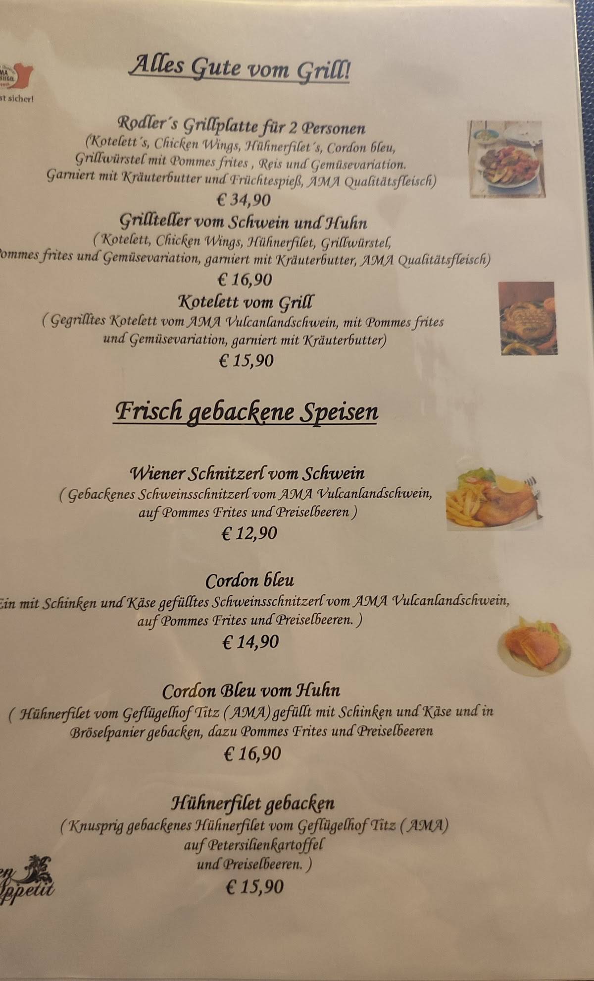 Speisekarte von Gasthaus Restaurant Rodler, Kirchberg an der Raab