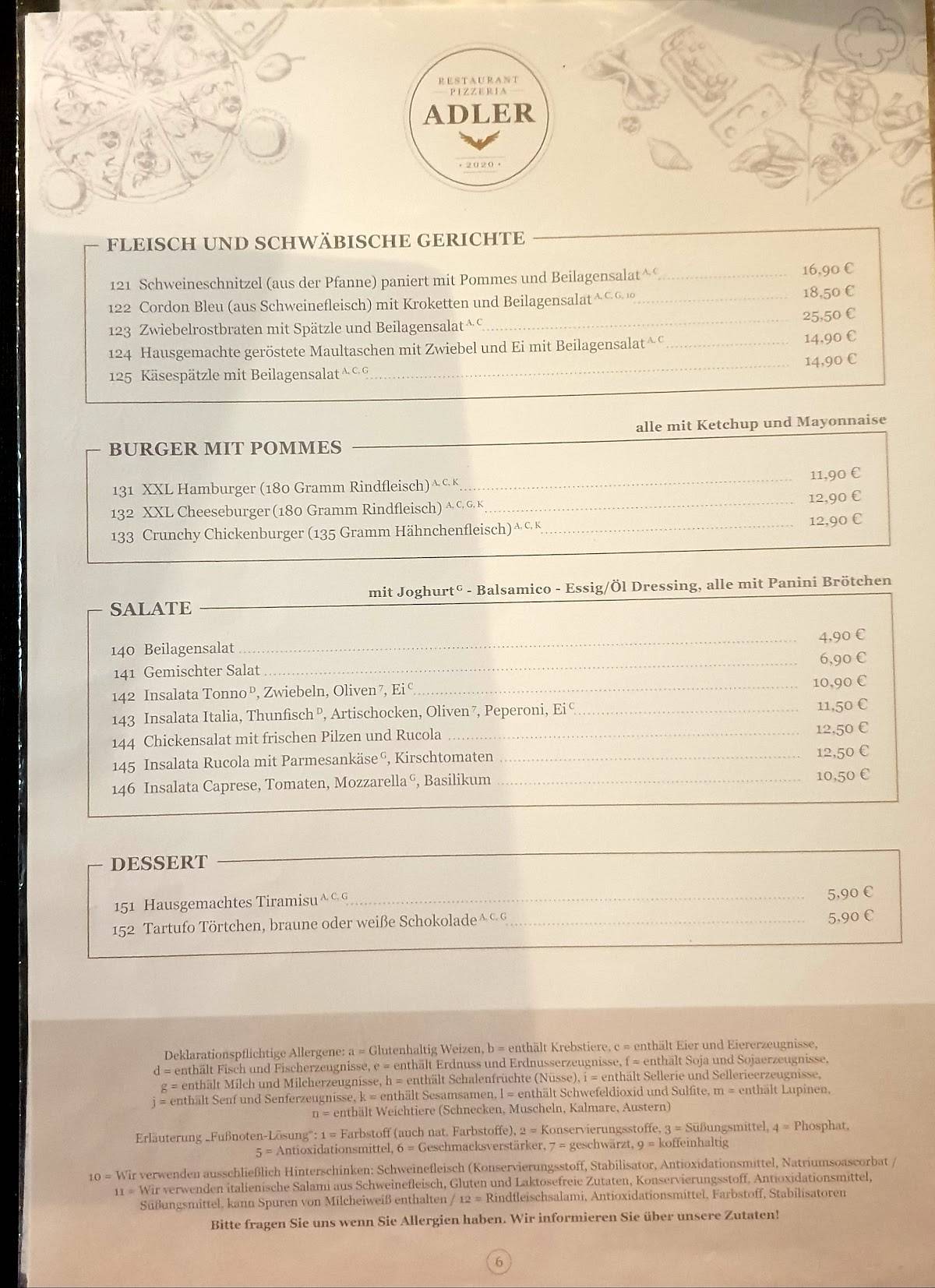 Speisekarte von Gaststätte Adler restaurant, Auenwald