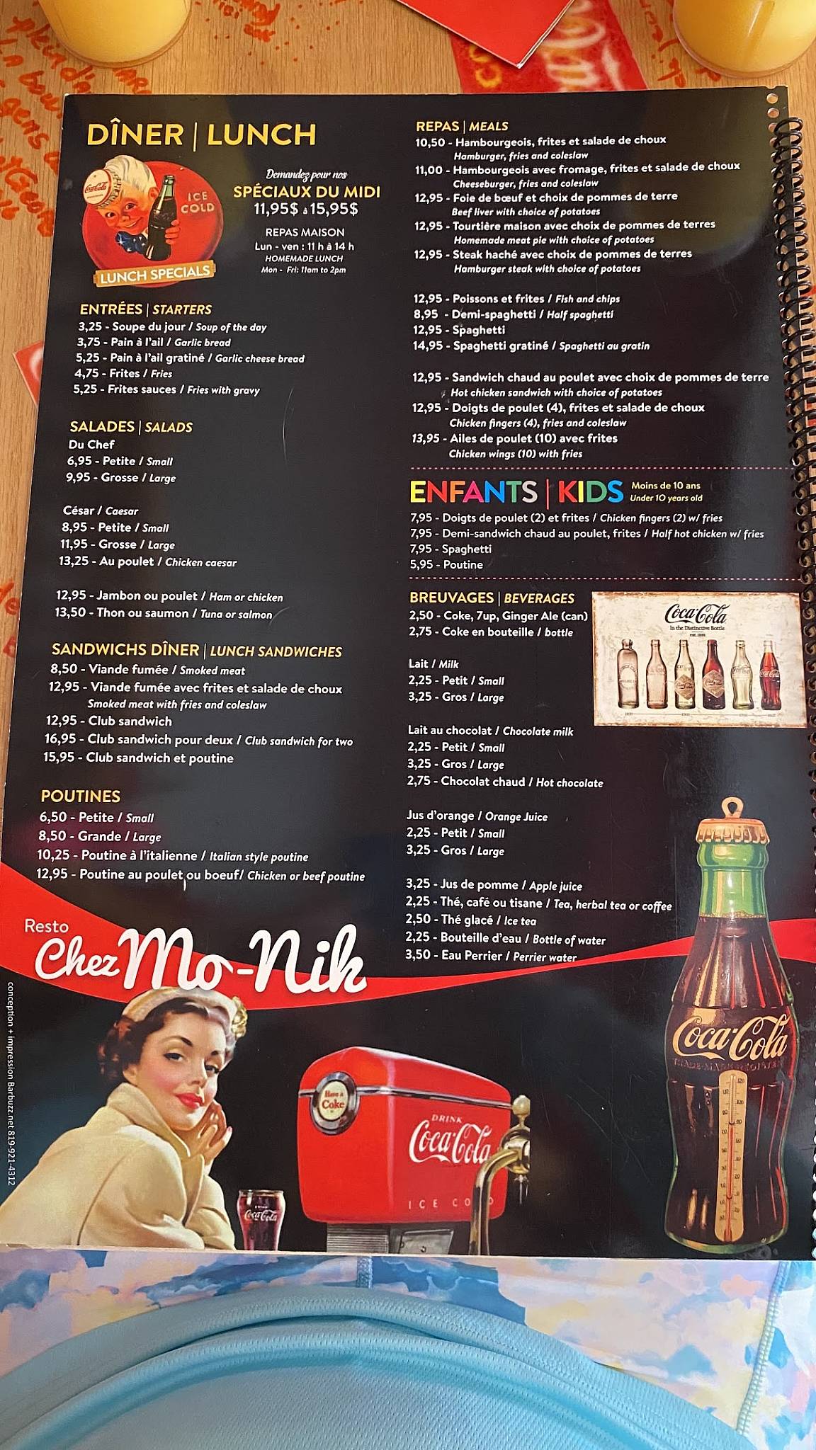 Menu au Resto Chez Mo-Nik restaurant, Gatineau