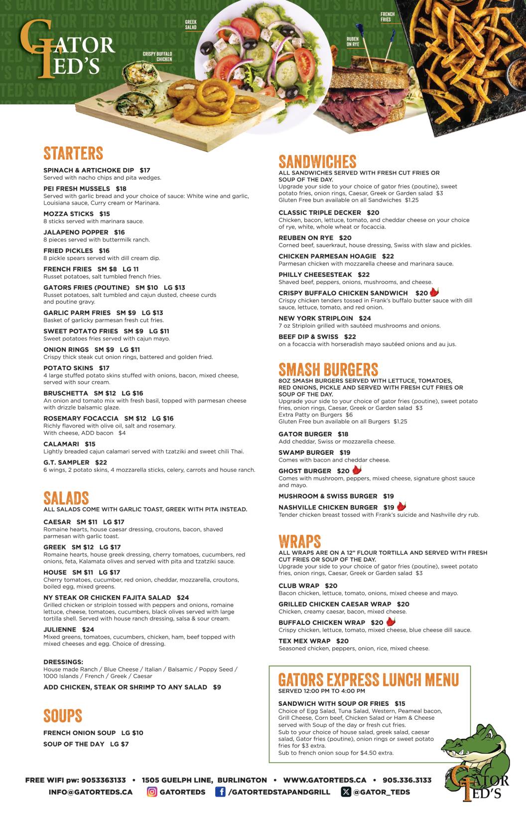 Menu at Gator Ted's Tap & Grill pub & bar, Burlington