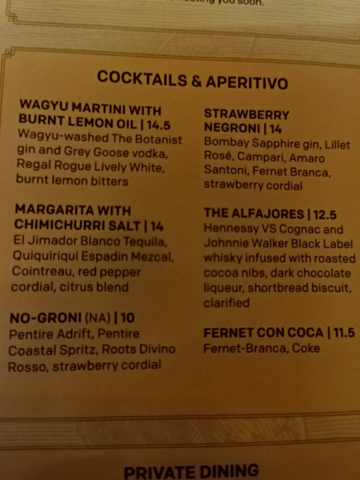 Menu at Gaucho Edinburgh steakhouse, Edinburgh