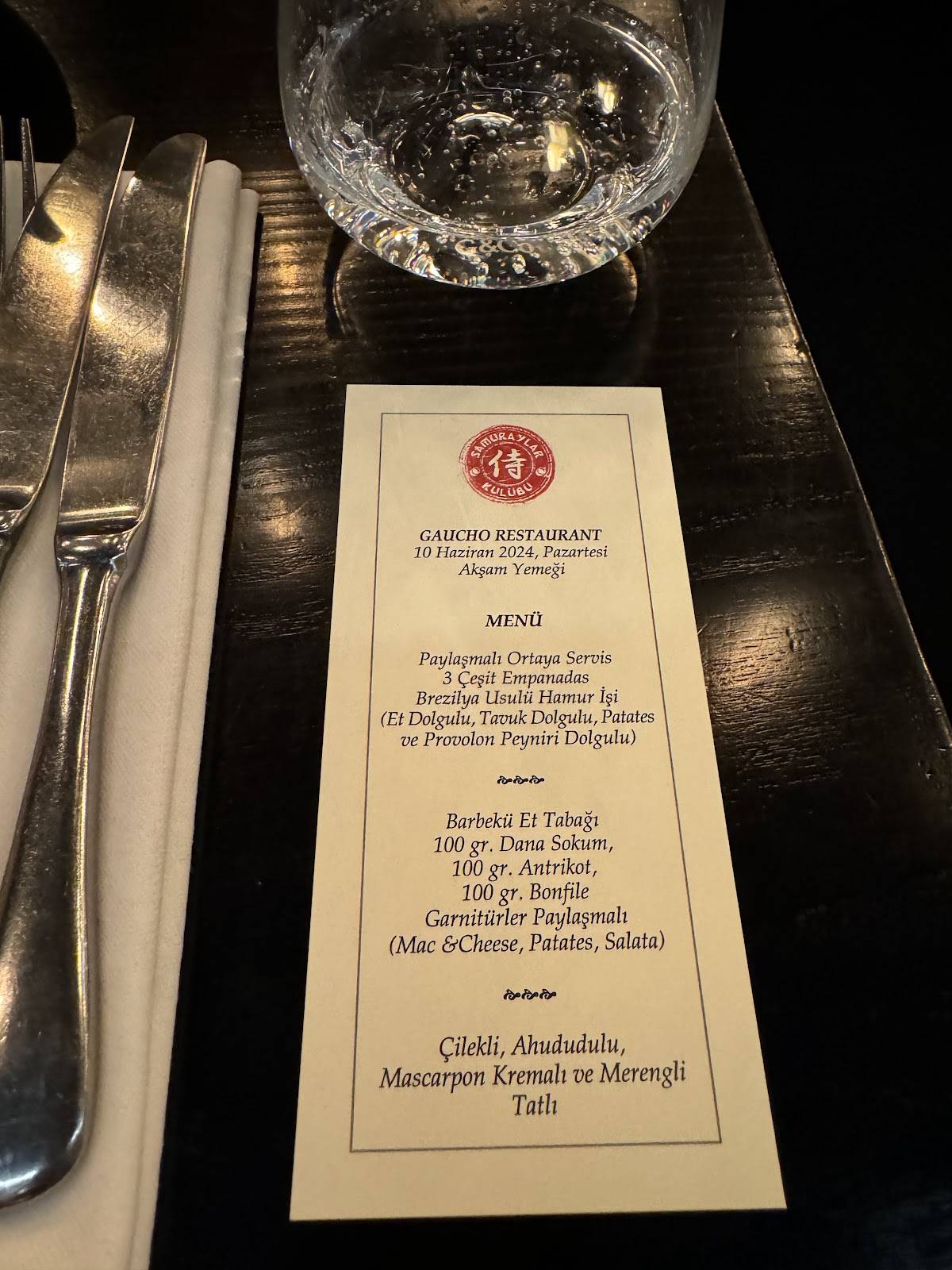 Menu at Gaucho Edinburgh steakhouse, Edinburgh