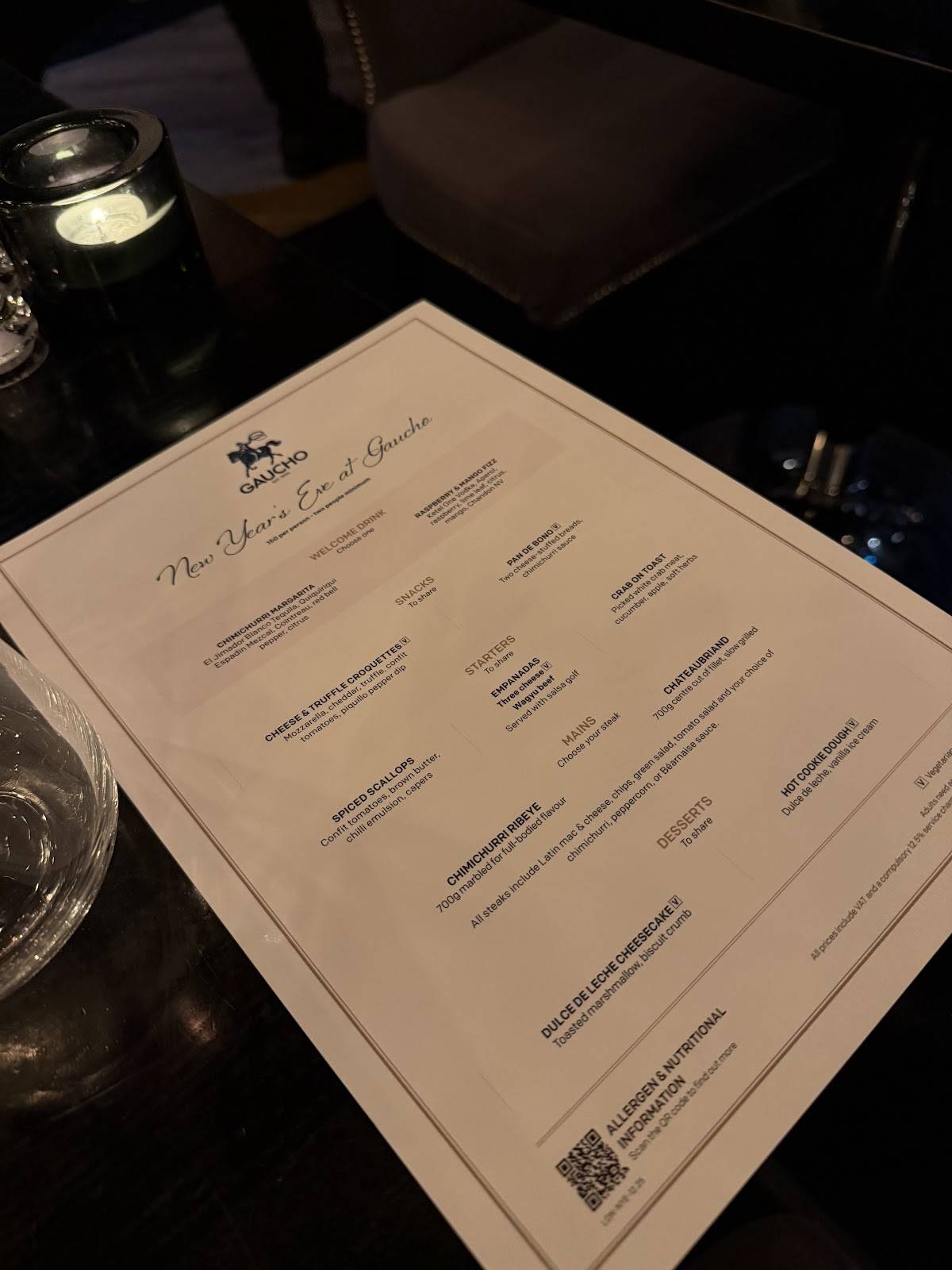 Menu at Gaucho Edinburgh steakhouse, Edinburgh