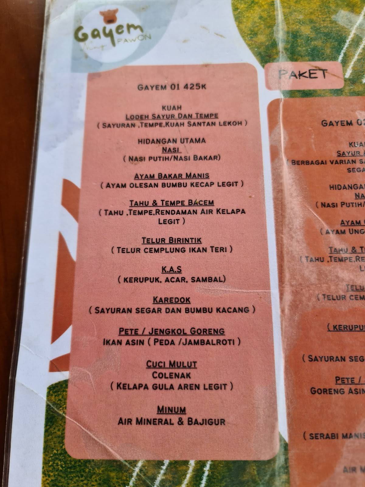 Menu at Gayem Ning Pawon restaurant, Padalarang