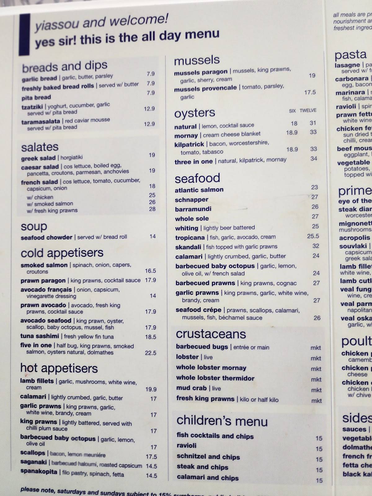 Menu at George's Paragon Coolangatta restaurant, Coolangatta, The Strand
