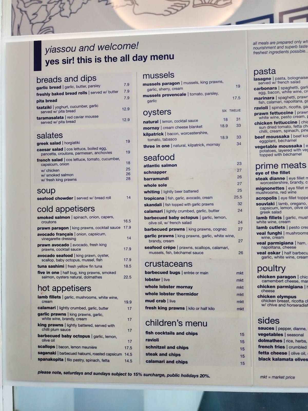 Menu at George's Paragon Coolangatta restaurant, Coolangatta, The Strand