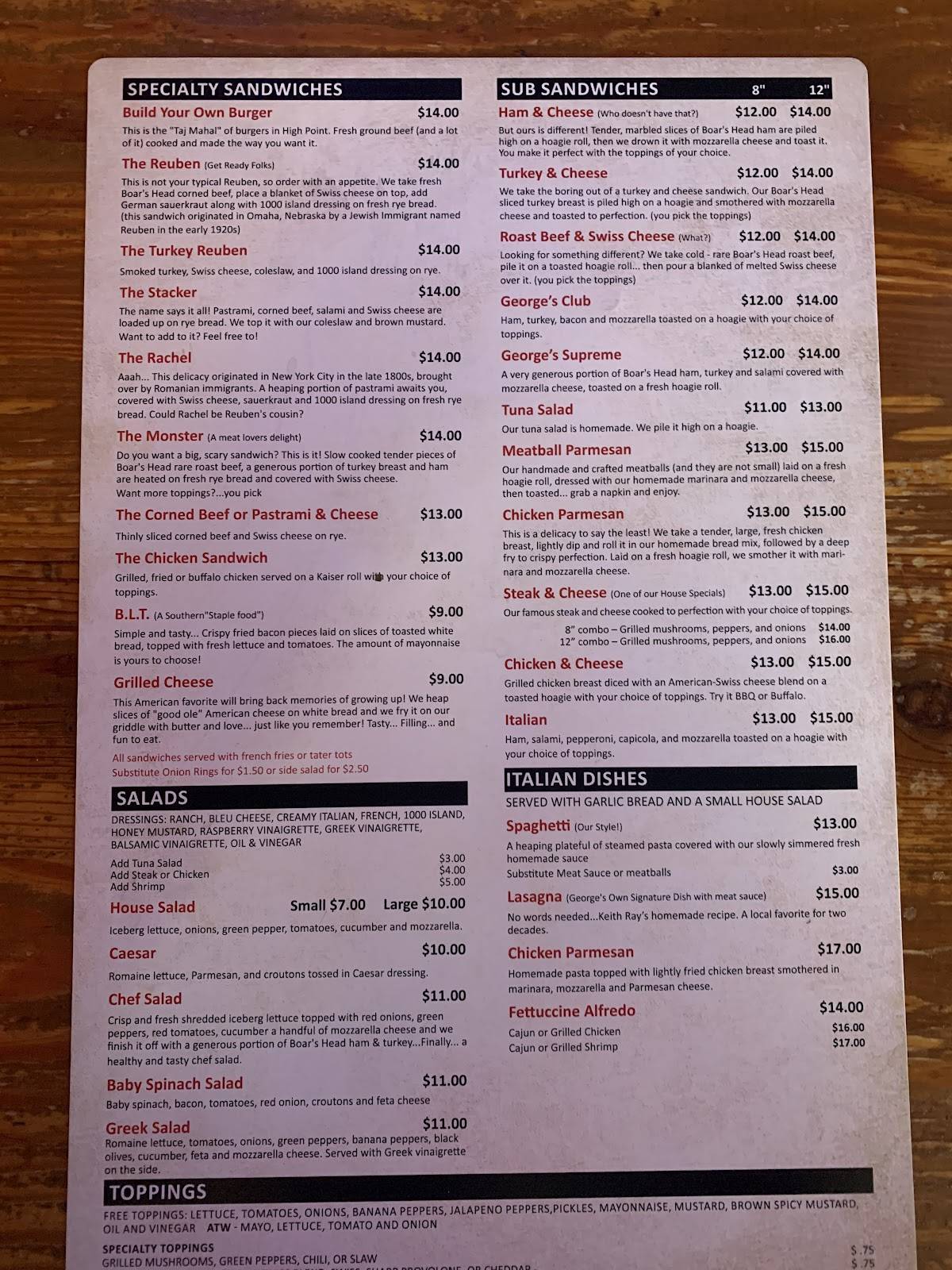 Menu at George's Pizza pizzeria, High Point, N Main St #104