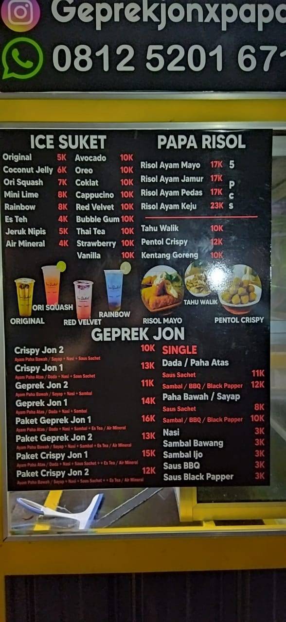 Menu at Geprek Jon x Papa risol Bangil restaurant, Kalirejo