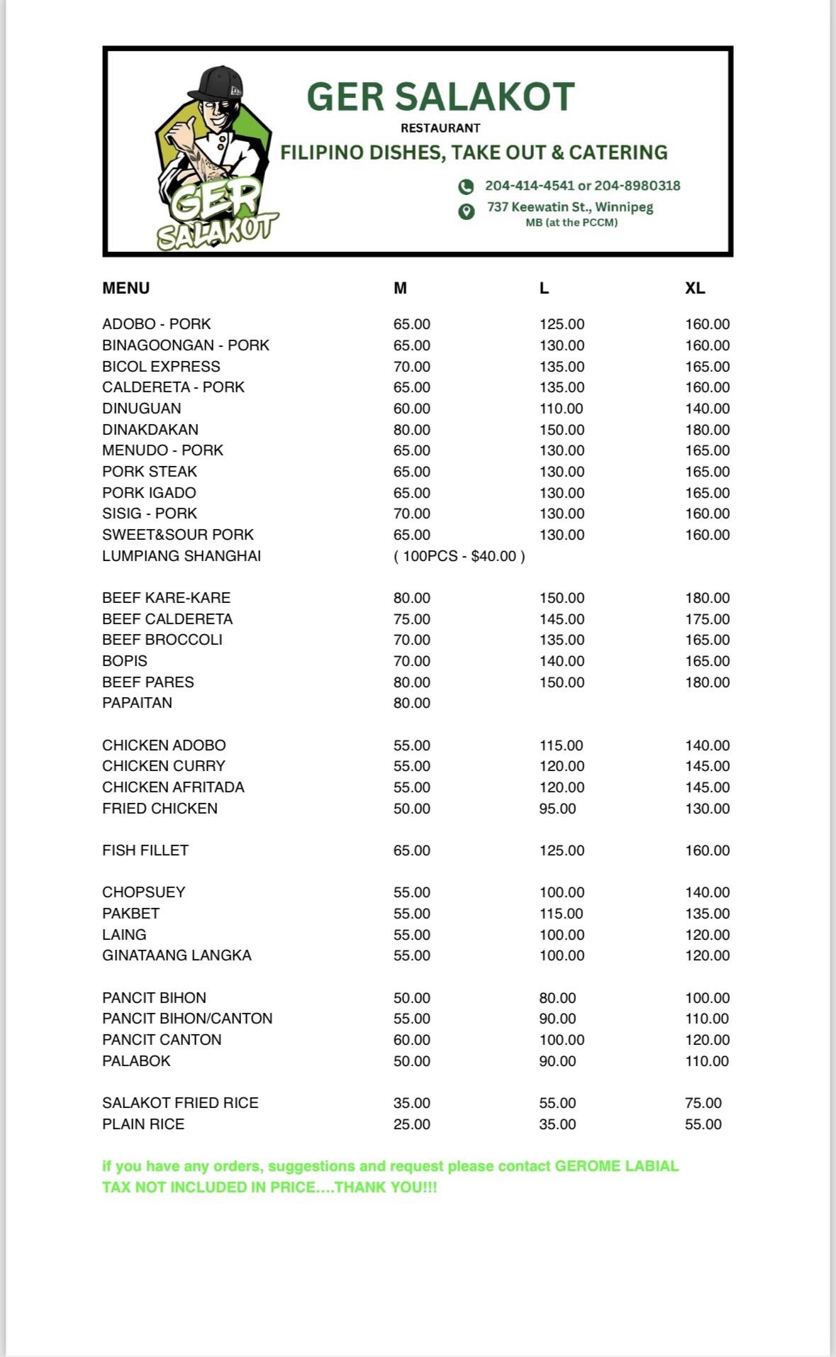 Menu at GerSalakot Restaurant, Winnipeg, 737 Keewatin St