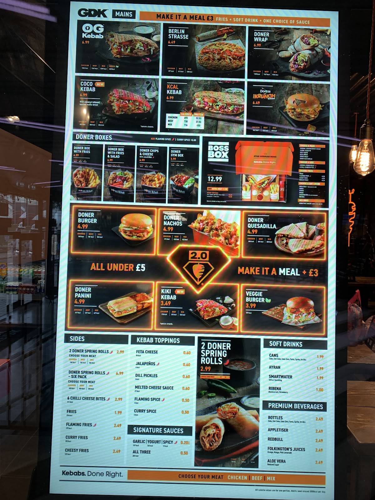 Menu at German Doner Kebab fast food, Wembley, 18 Olympic Way