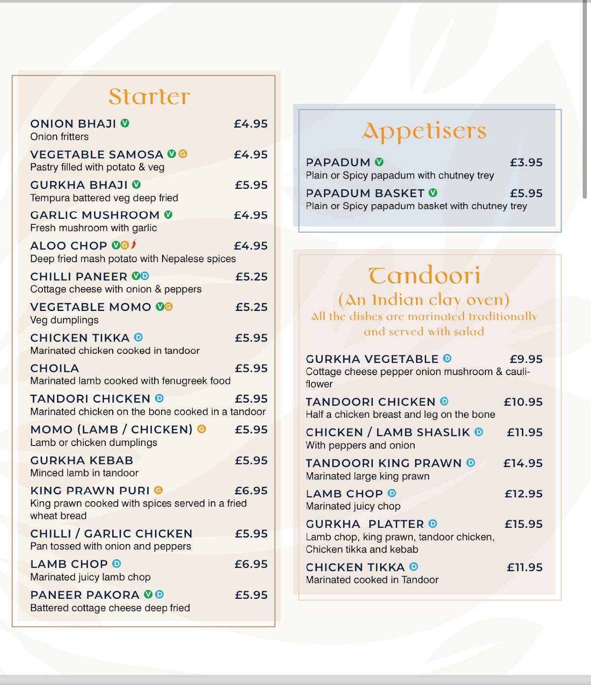 Menu at Gurkha dine restaurant, Alfreton