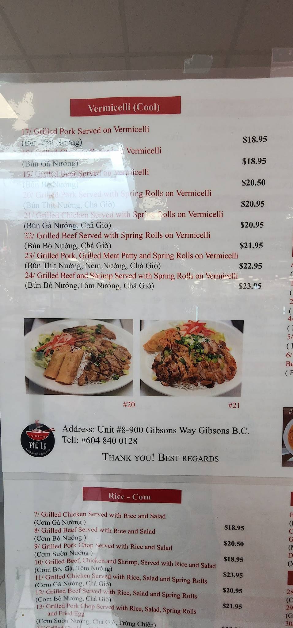 Menu at Gibsons Pho Le restaurant, Gibsons