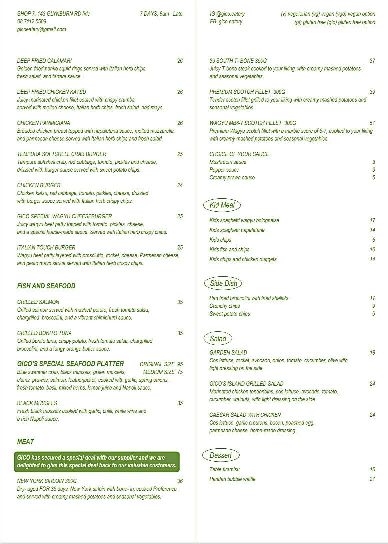Menu at Gico Eatery cafe, Firle
