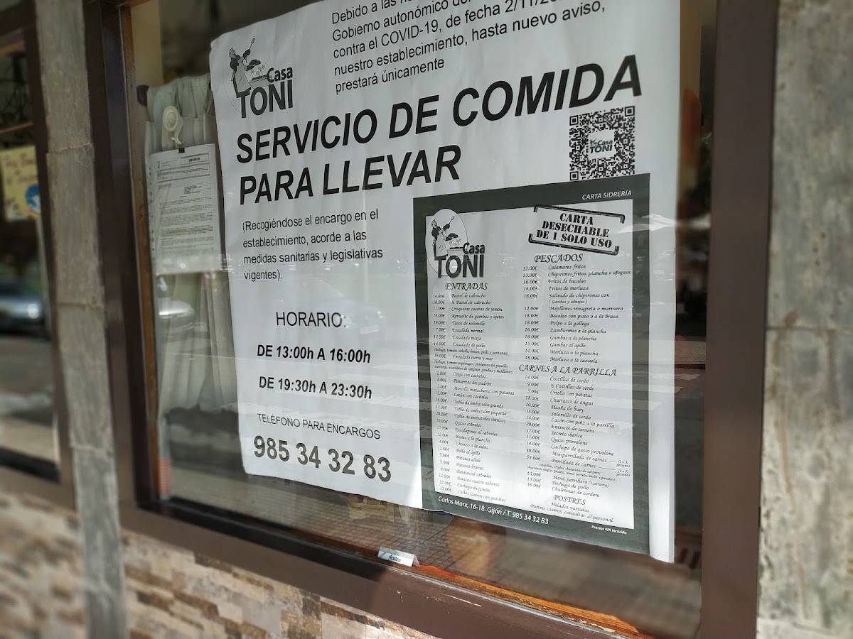 Carta de Restaurante Casa Toni, Gijón