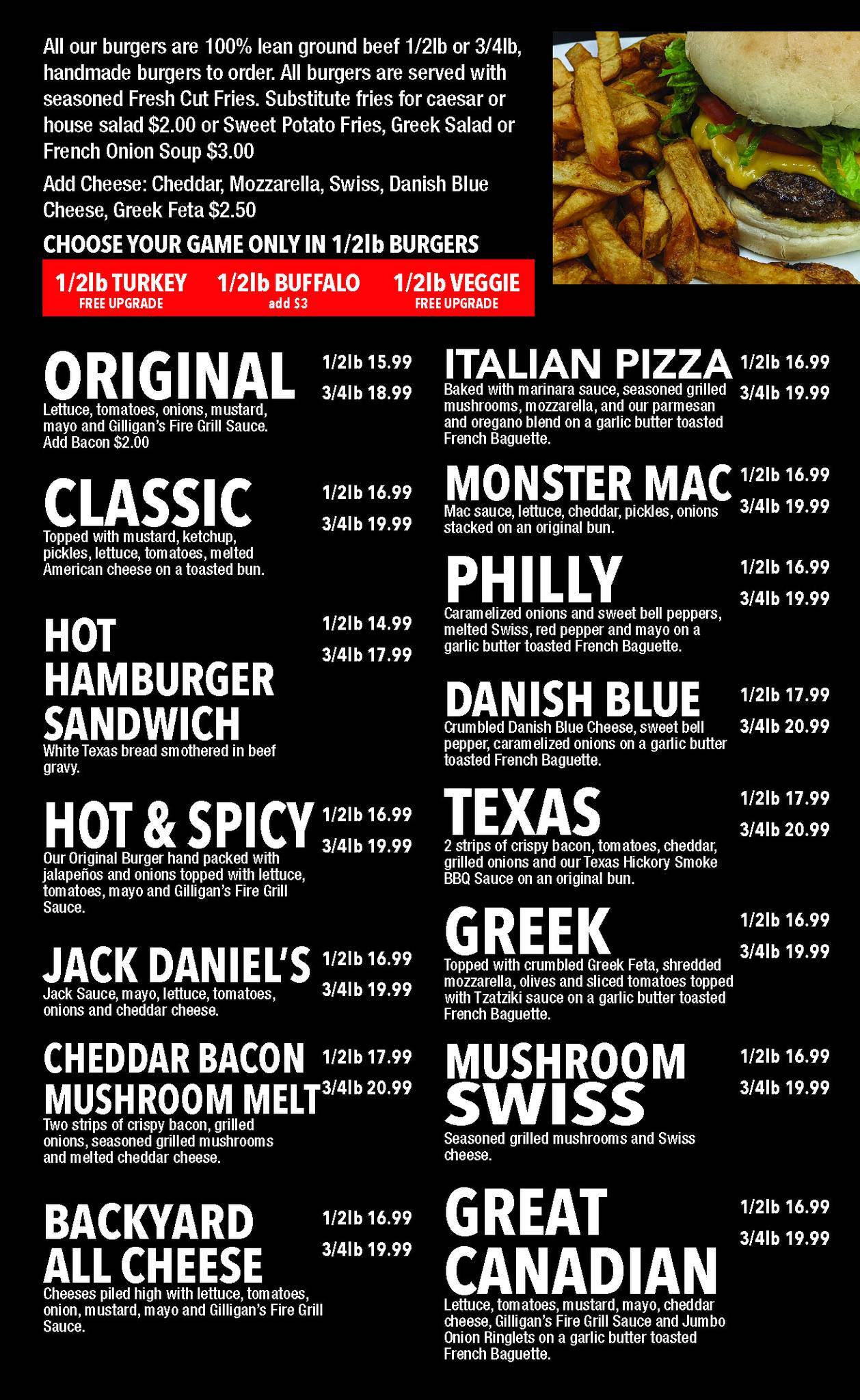 Menu at Gilligan's restaurant, Windsor, Walker Rd