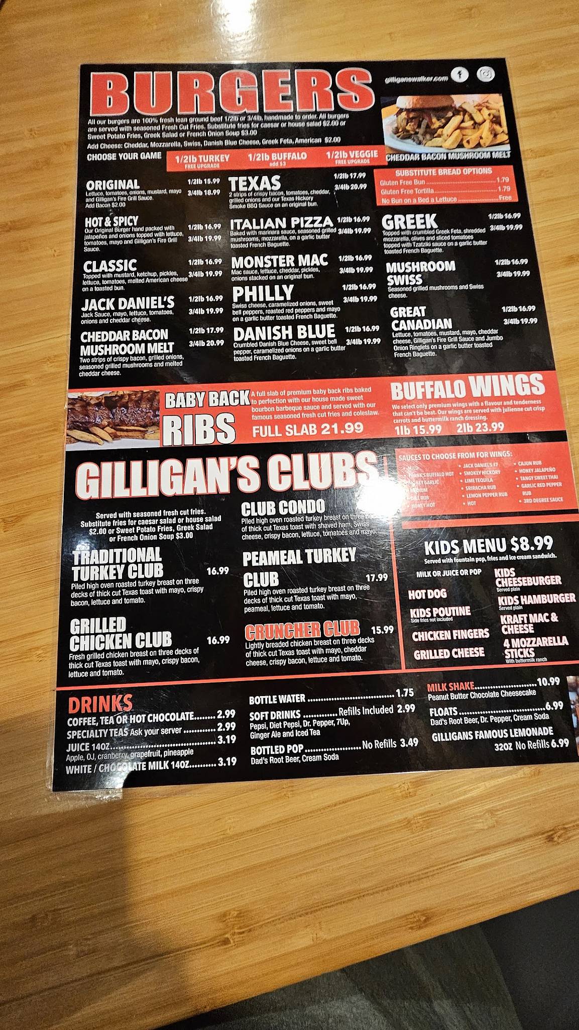 Menu at Gilligan's restaurant, Windsor, Walker Rd