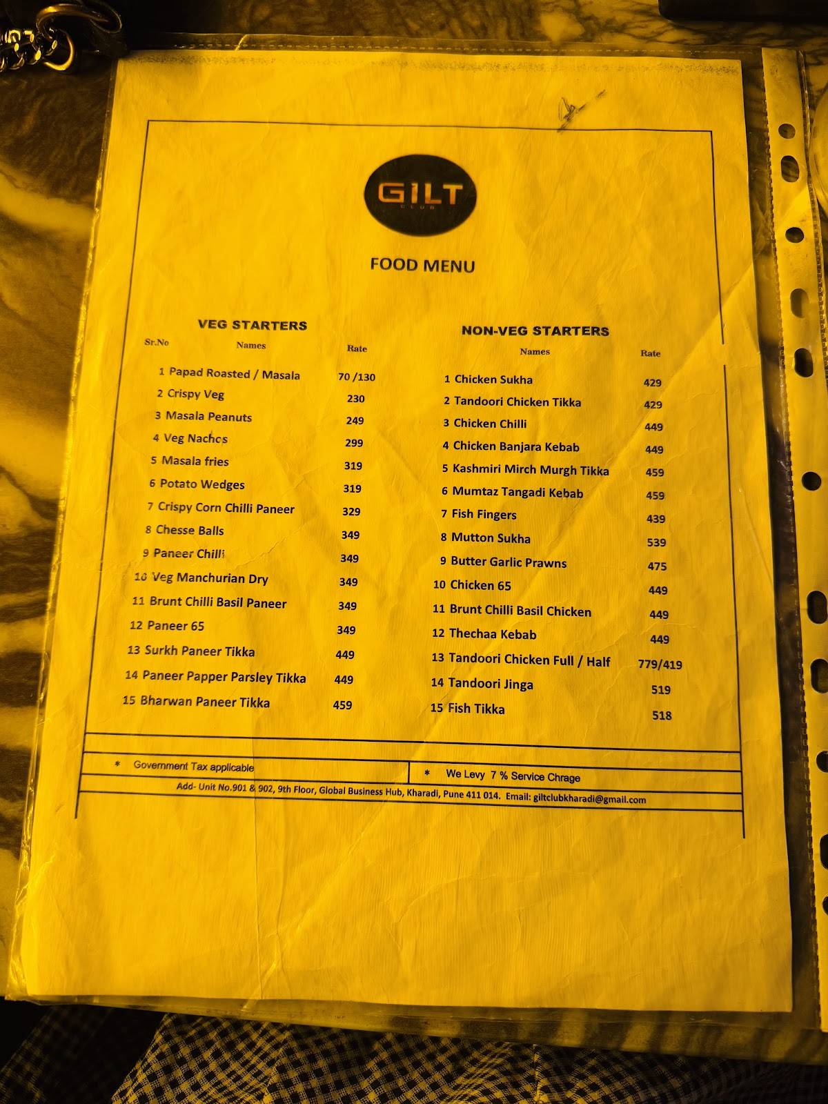 Menu at Gilt Club, Pune