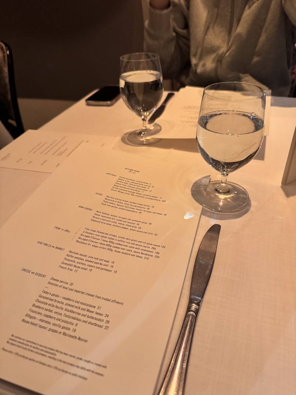 Menu at Gimlet restaurant, Melbourne