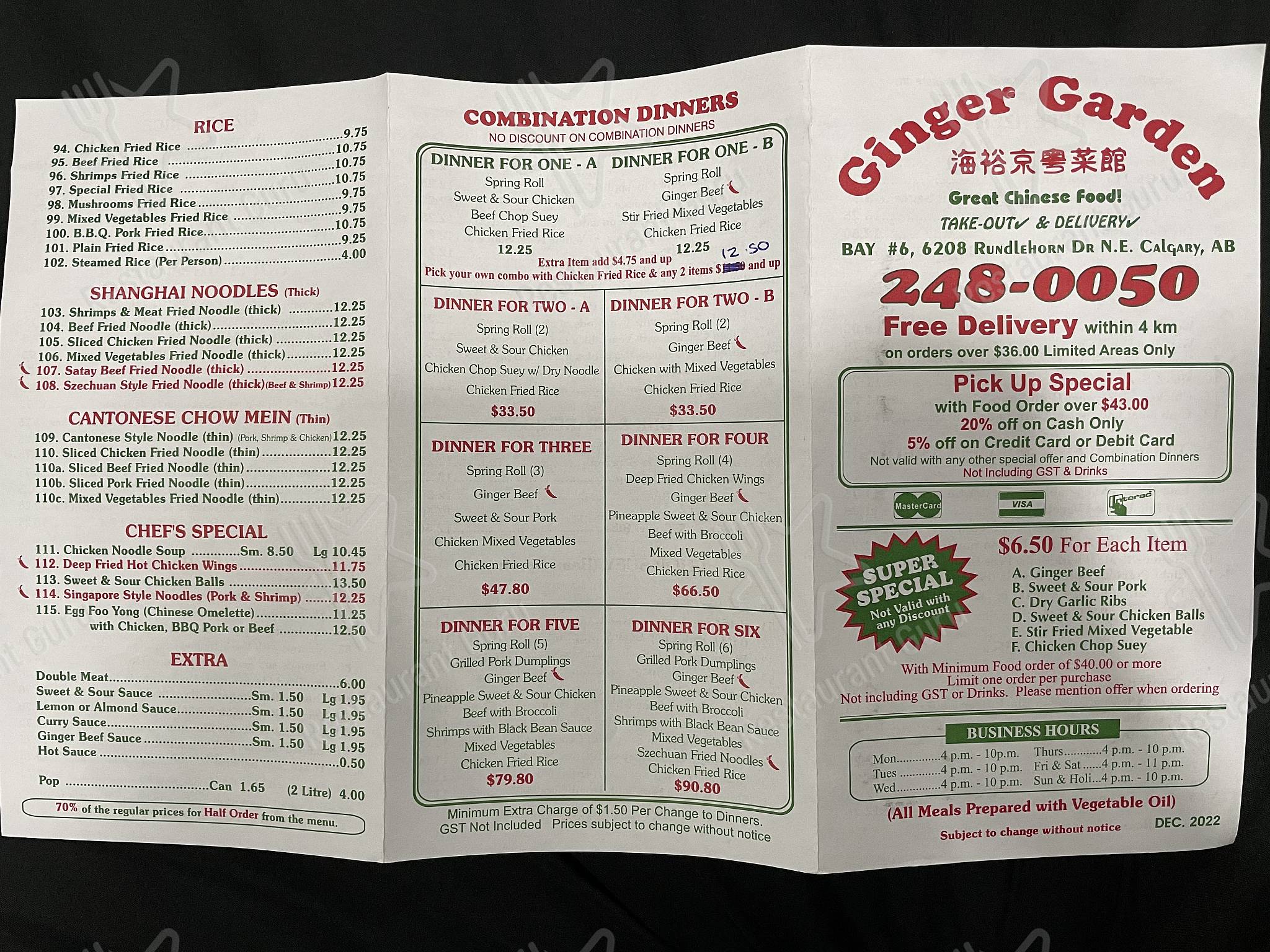 Menu at Ginger Garden restaurant, Calgary, Rundlehorn Dr NE #6
