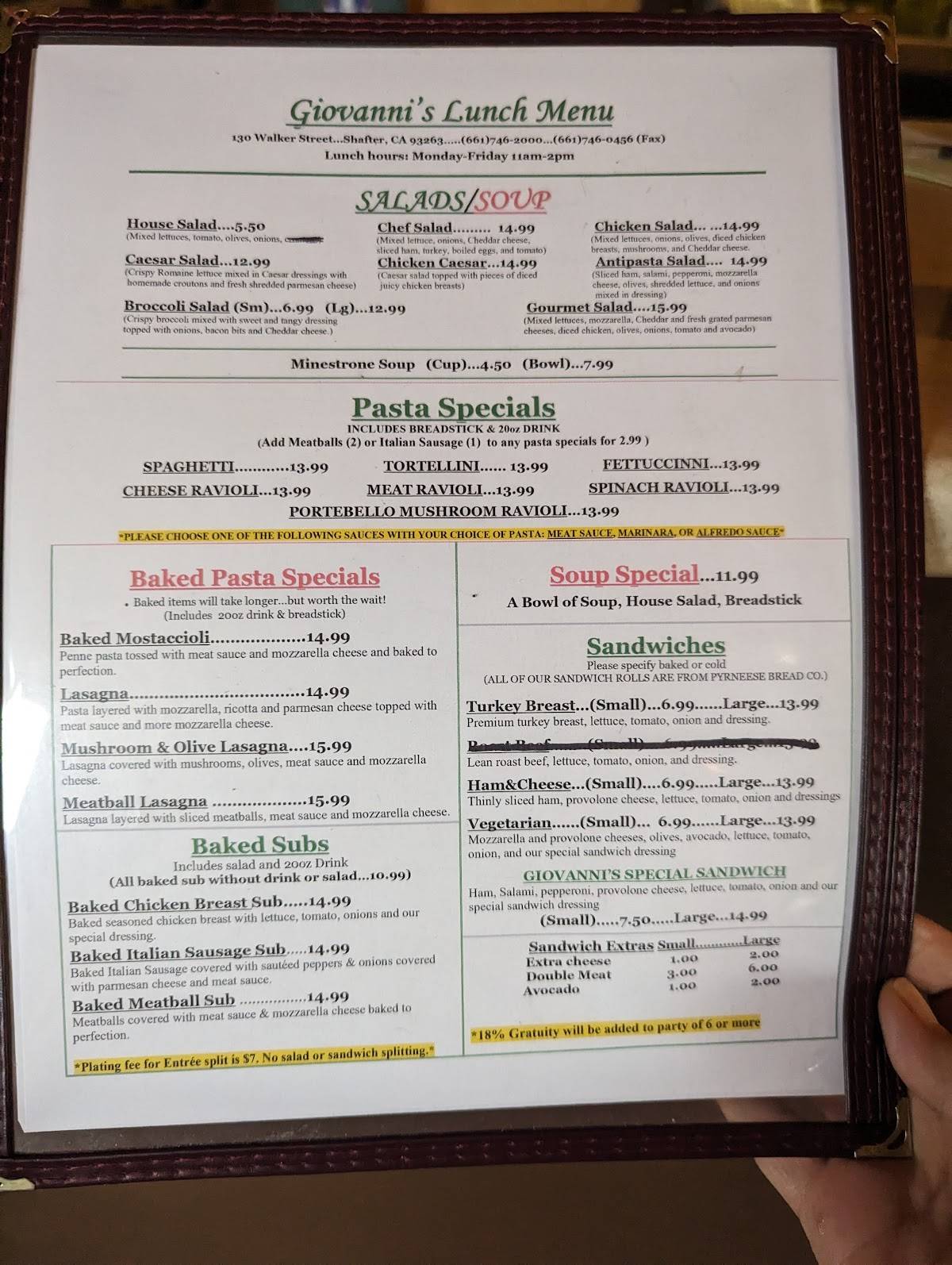 Menu at Giovanni's Italian Eatery pizzeria, Shafter