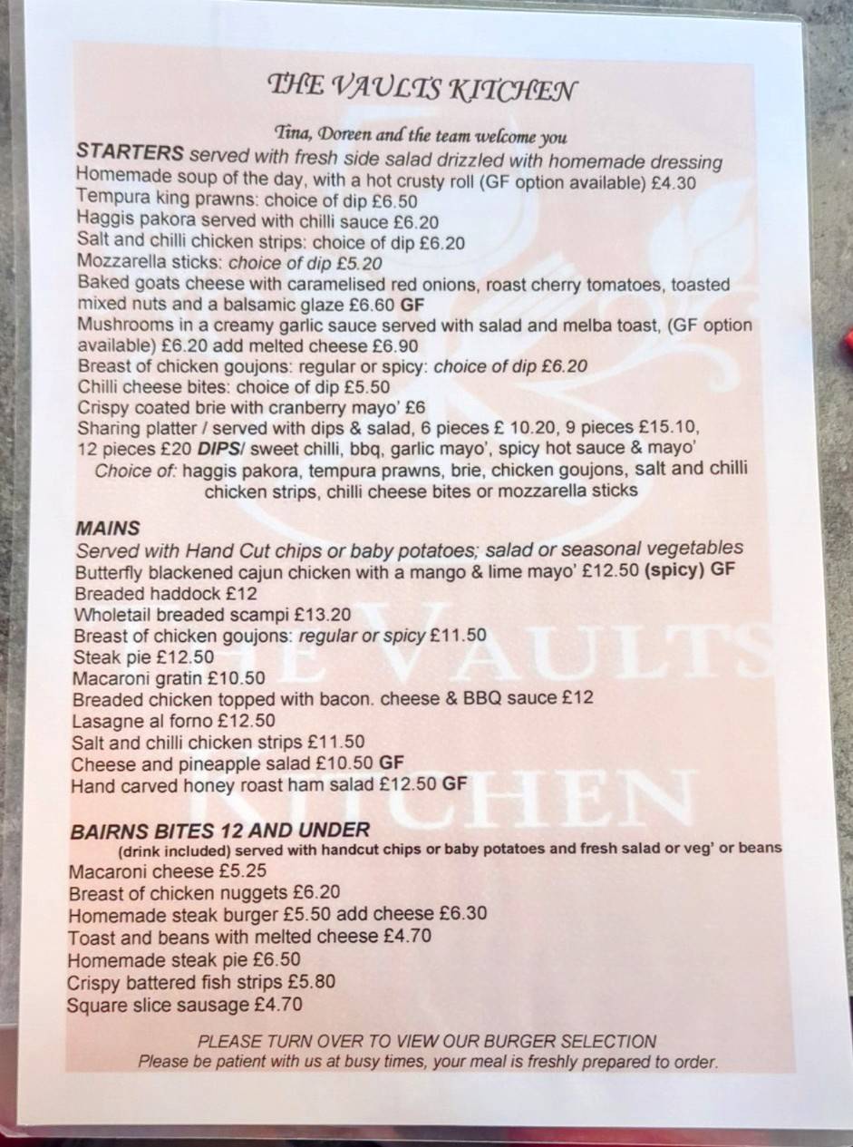 Menu at The Vaults pub & bar, Girvan