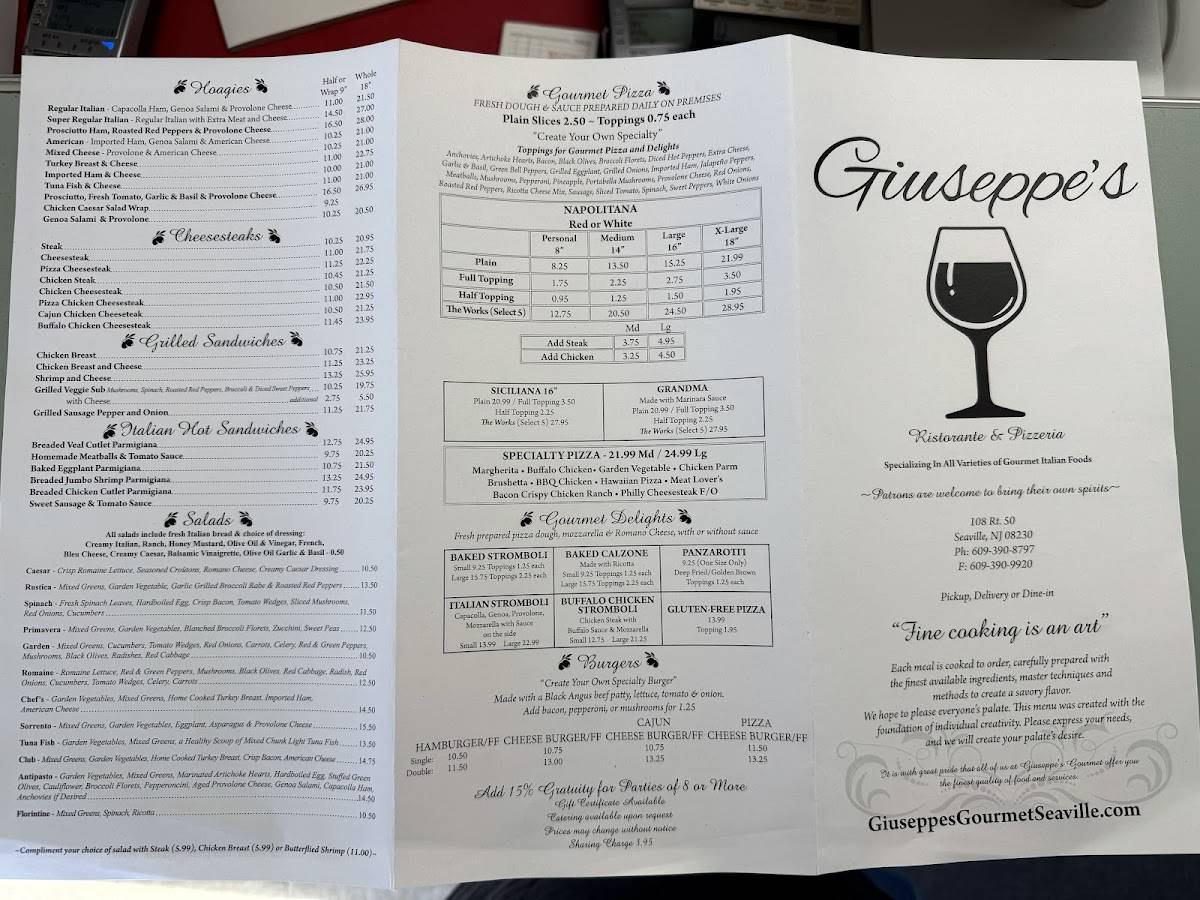 Menu at Giuseppe's Gourmet pizzeria, USA